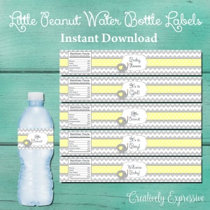 Grey and Yellow Chevron Baby Shower Water Bottle Labels. Little Peanut ...