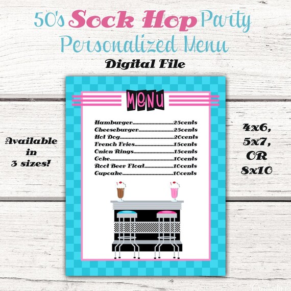 1950's Birthday Party Menu, 50's, Fifties, sock hop, diner, 50's party ...