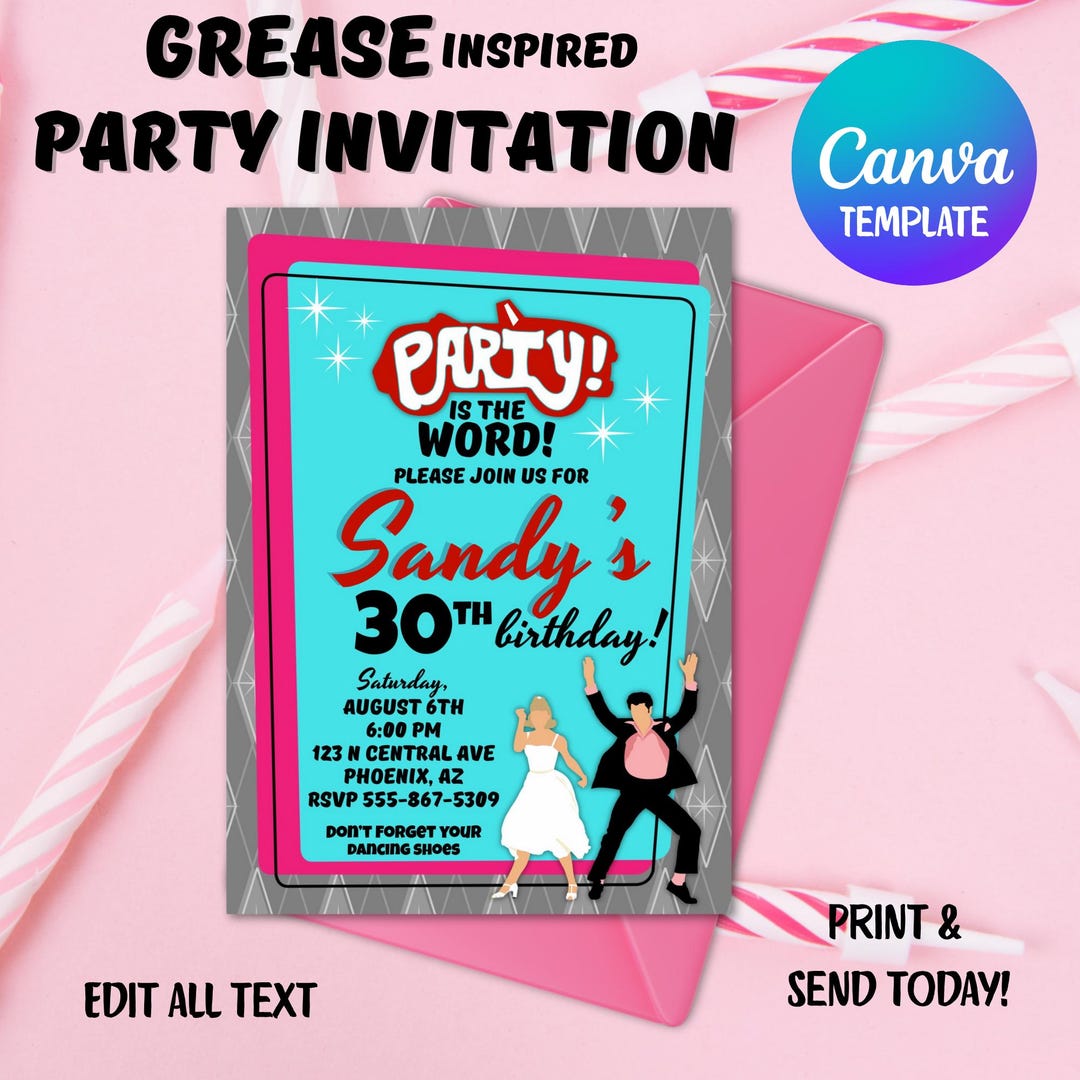 1950's Birthday Party Invitation, Grease Inspired, Fifties, 50's, Sock ...