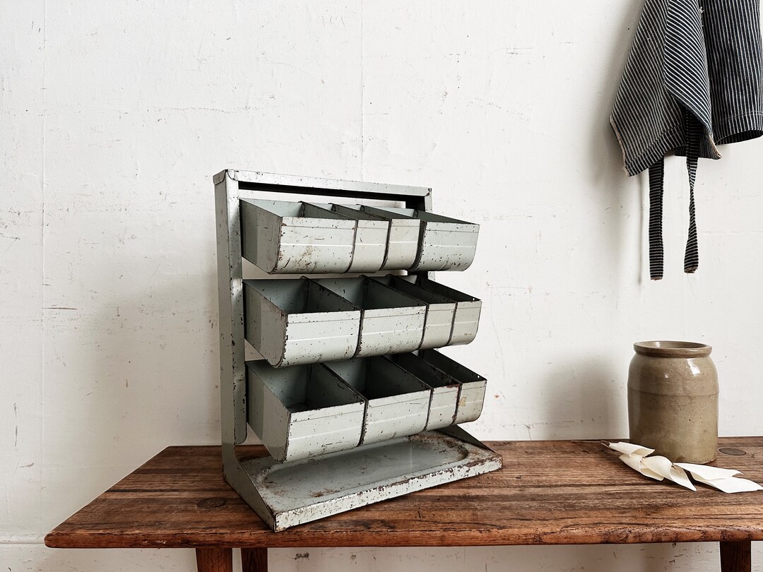 Vintage Industrial Storage Bin Rack Bench Top Desk Craft Organizer ...