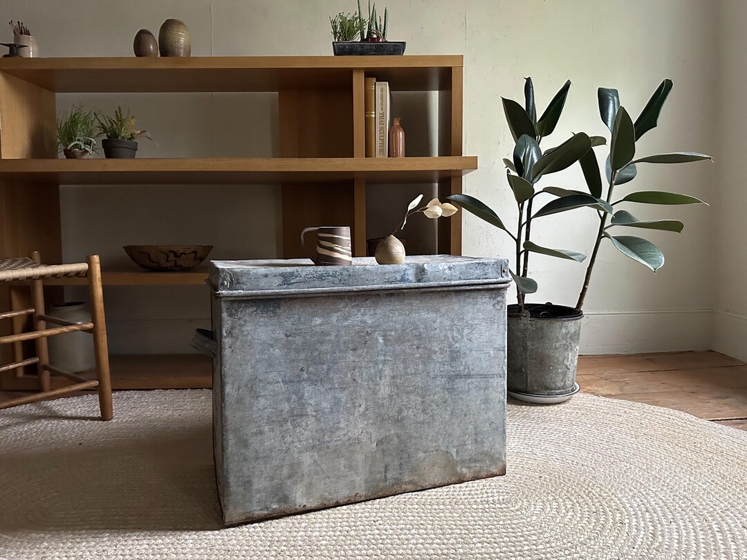 Vintage Industrial Storage Box With Lid Galvanized Recycle Bin Coffee ...