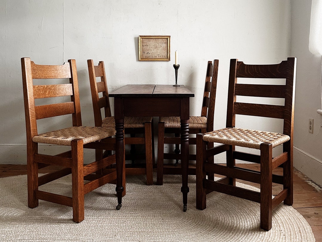 Vintage Wood Dining Chairs Farmhouse Woven Seat Arts and Crafts Mission ...