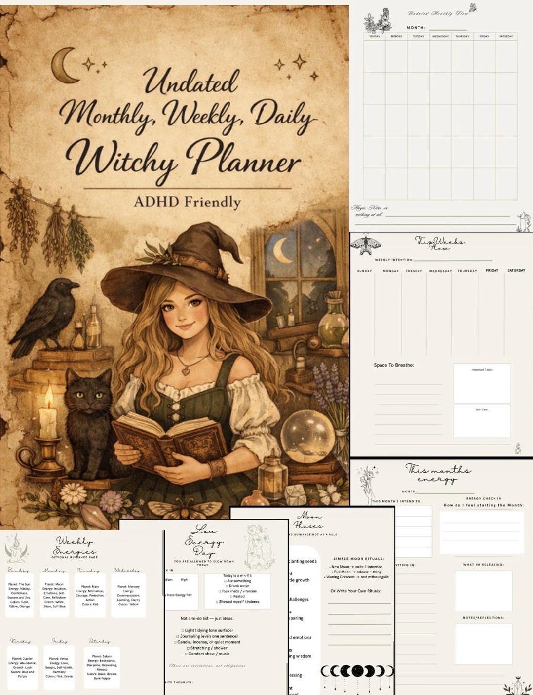Un-dated Witchy Calendar and Planner Pages- Monthly, Daily, Weekly(pdf ...
