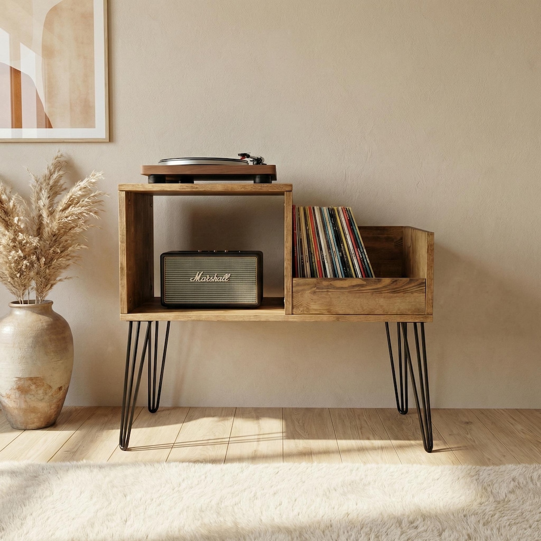 Mid Century Modern Record Player Stand With Vinyl Storage – Wooden ...