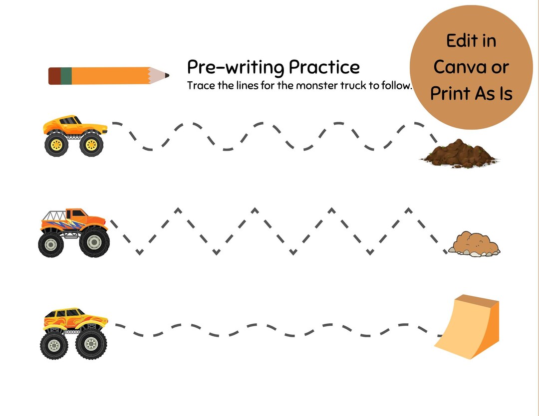 Illustrative Fine Motor Monster Truck Tracing Worksheet - Etsy