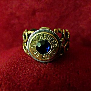Bullet Ring, Winchester 45 Caliber Deep Blue Rhinestone Adjustable Mens ...
