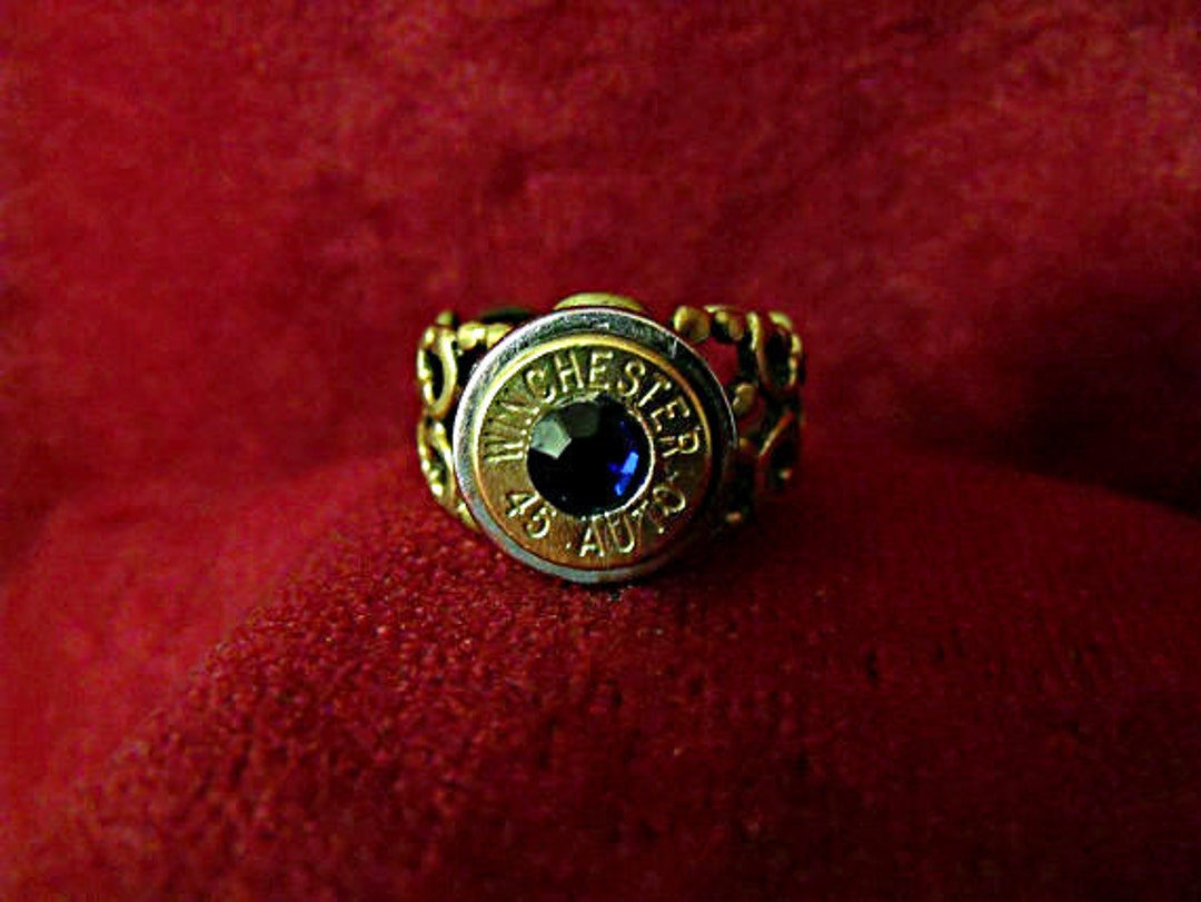 Bullet Ring, Winchester 45 Caliber Deep Blue Rhinestone Adjustable Mens ...