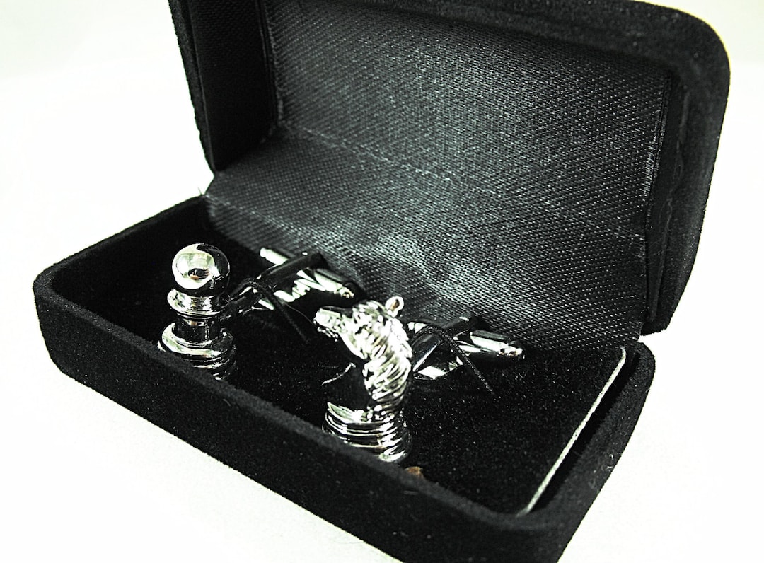 Silver Cufflinks, Chess Pieces Pawn and Knight, Black Gift Box Mens ...