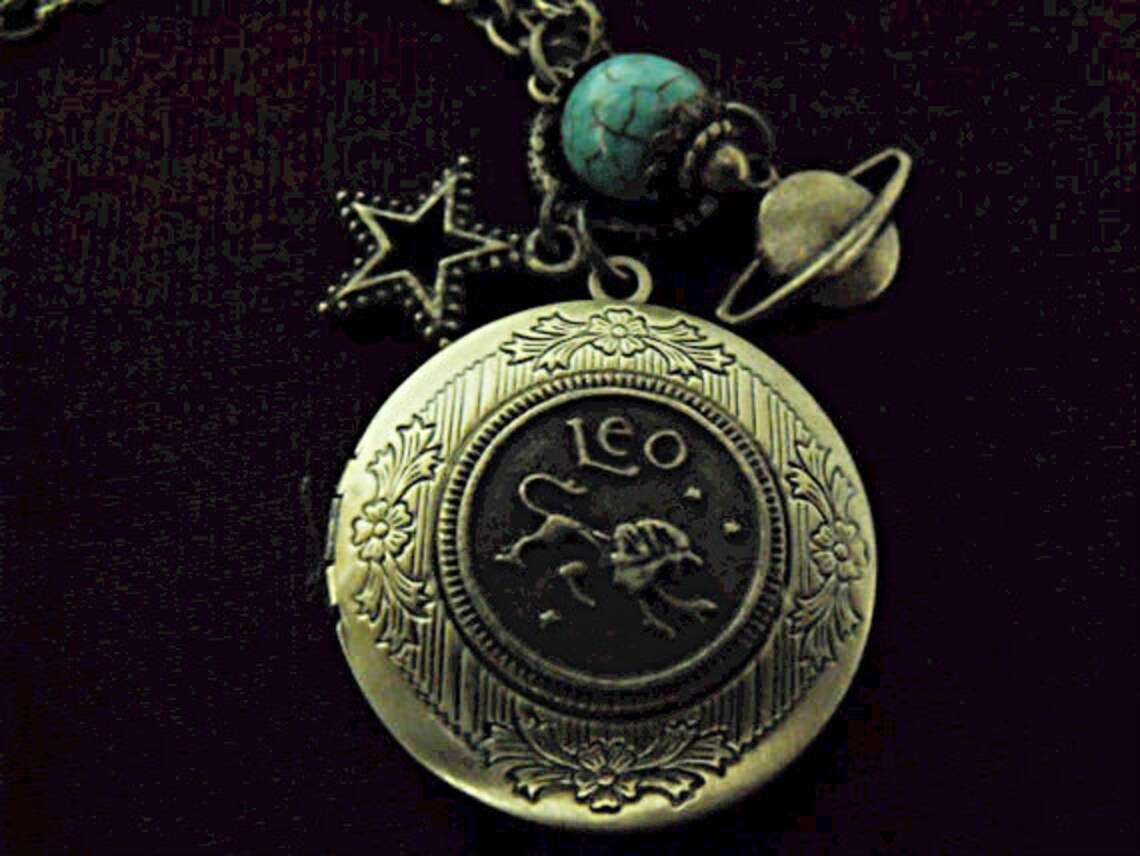 Bronze Locket Necklace Zodiac Symbol Leo With Turquoise Beads | Etsy
