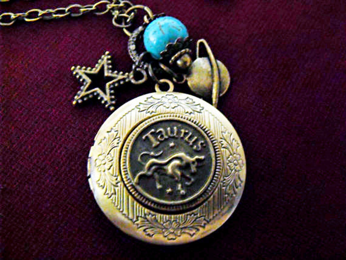 Bronze Locket Necklace Zodiac Symbol Taurus With Turquoise - Etsy