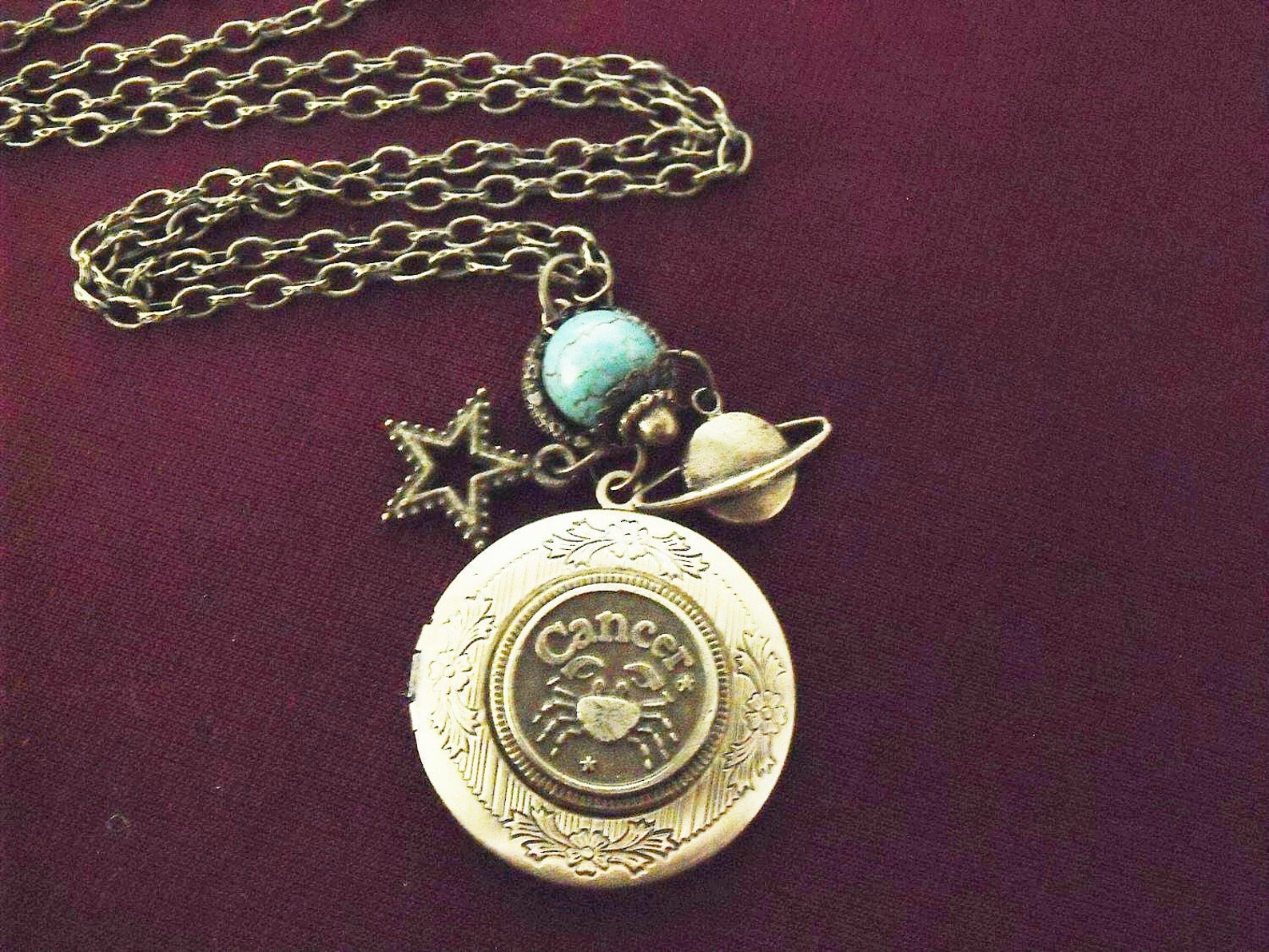 Bronze Locket Necklace Zodiac Symbol Cancer With Turquoise | Etsy