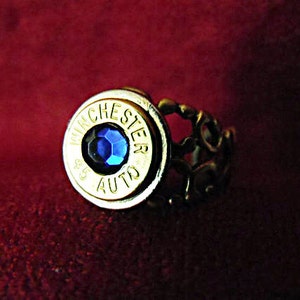 Bullet Ring, Winchester 45 Caliber Deep Blue Rhinestone Adjustable Mens ...