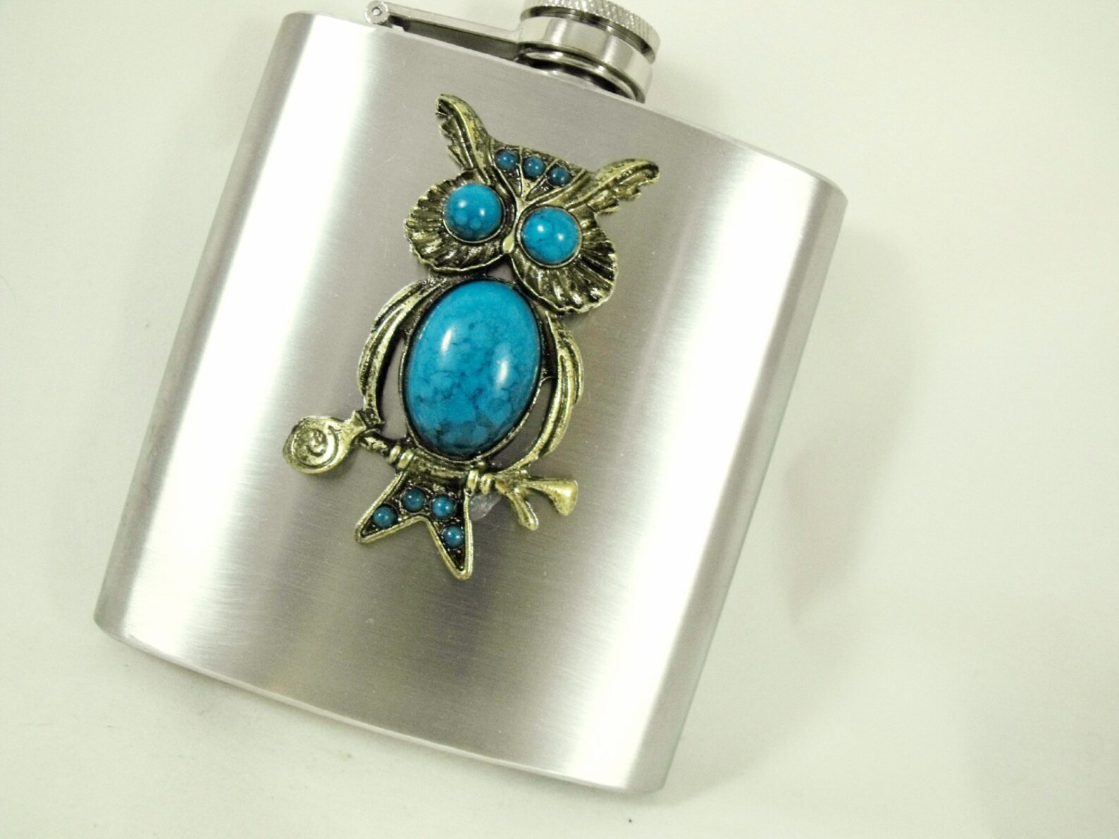Flask Steampunk Owl Bronze and Turquoise Mens Womens Gift - Etsy