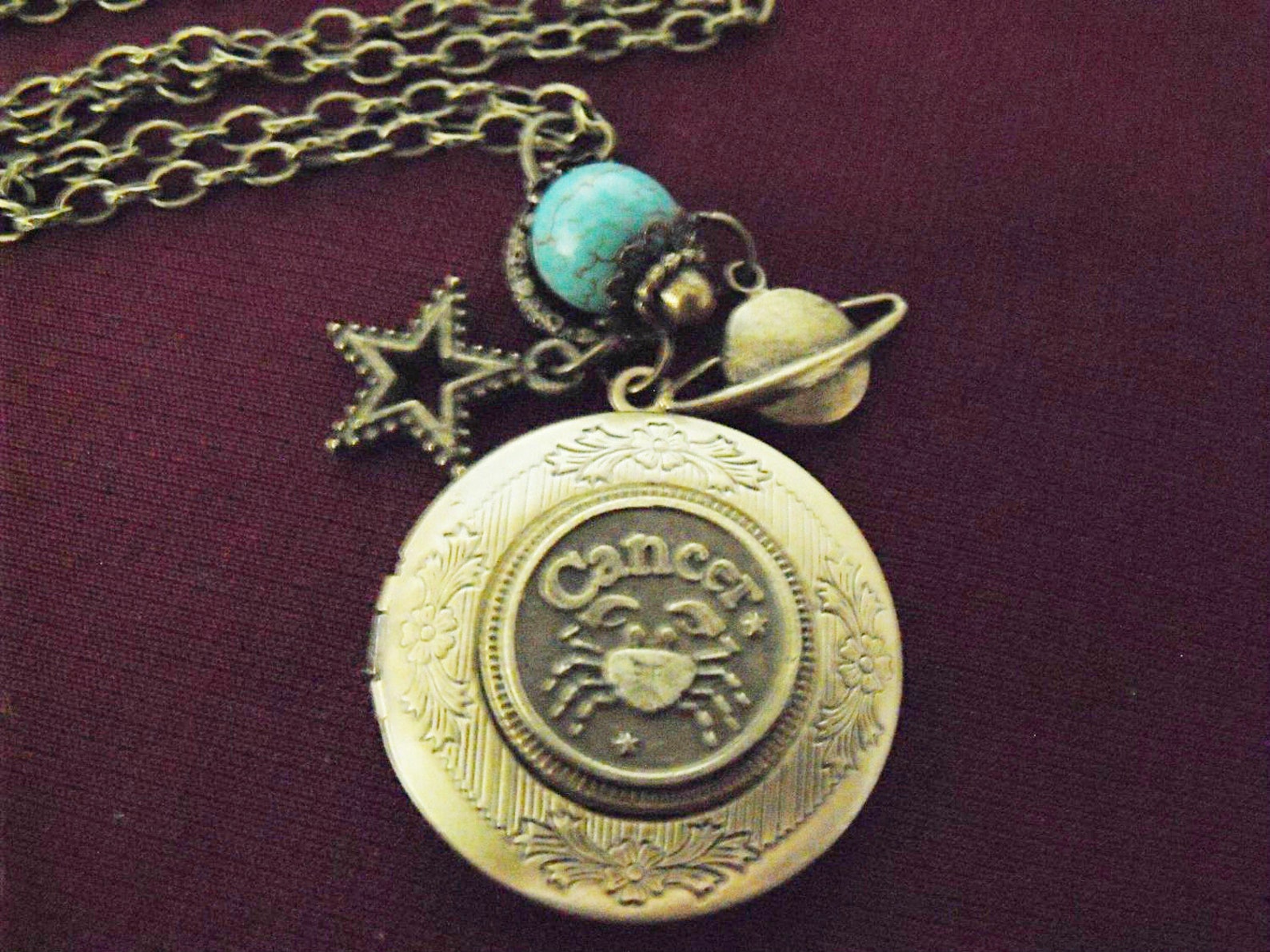 Bronze Locket Necklace Zodiac Symbol Cancer With Turquoise | Etsy