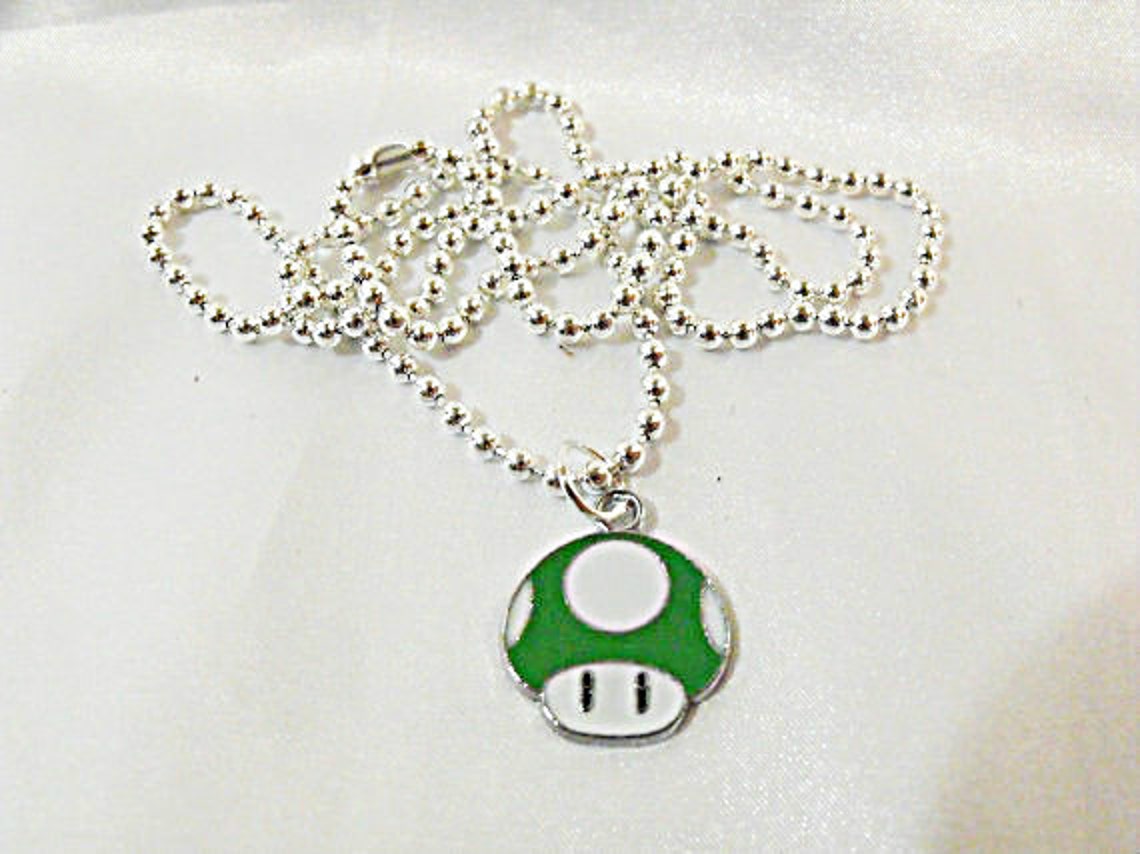 Silver Charm Necklace Mario Brothers ONE UP Green Enameled - Etsy