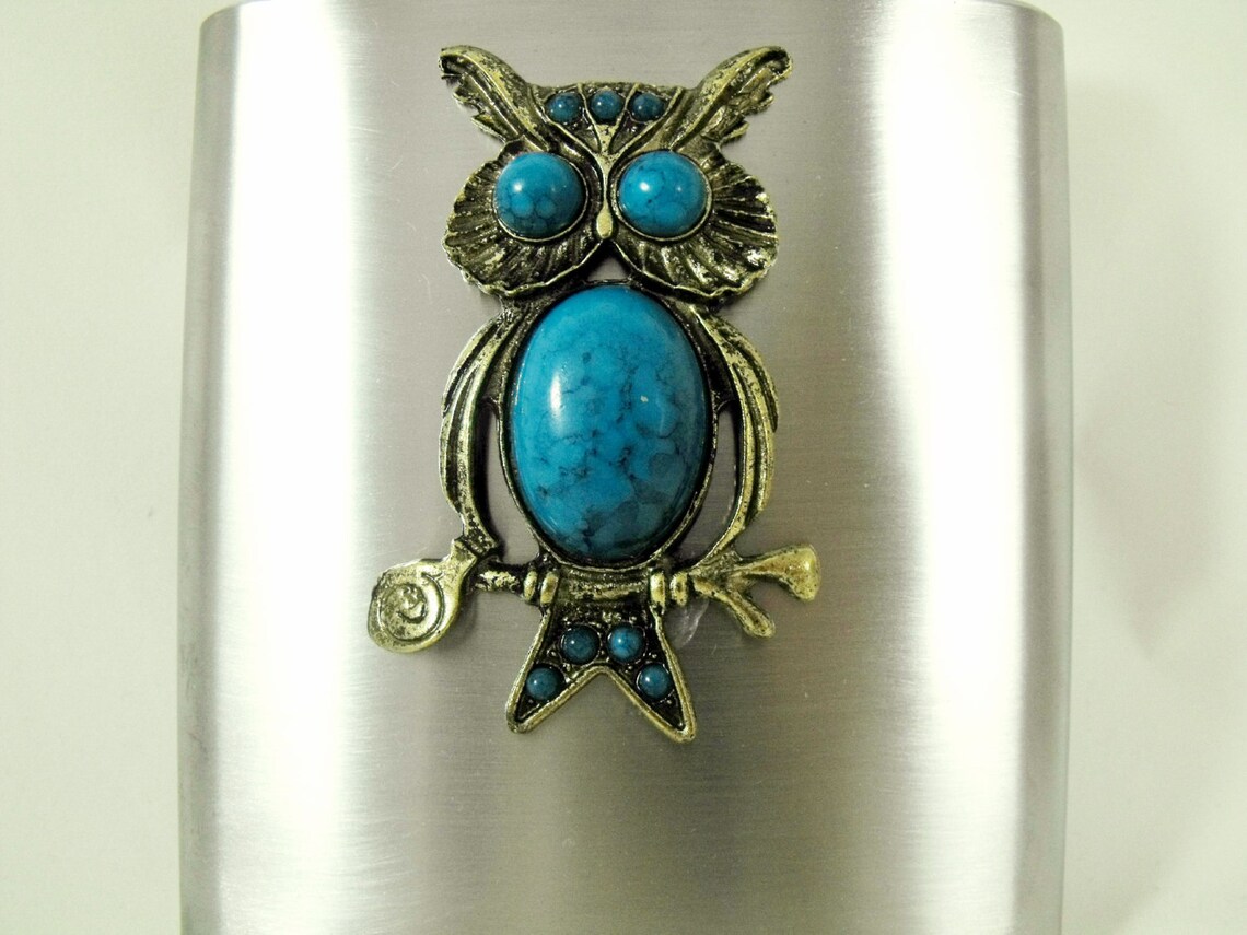 Flask Steampunk Owl Bronze and Turquoise Mens Womens Gift - Etsy