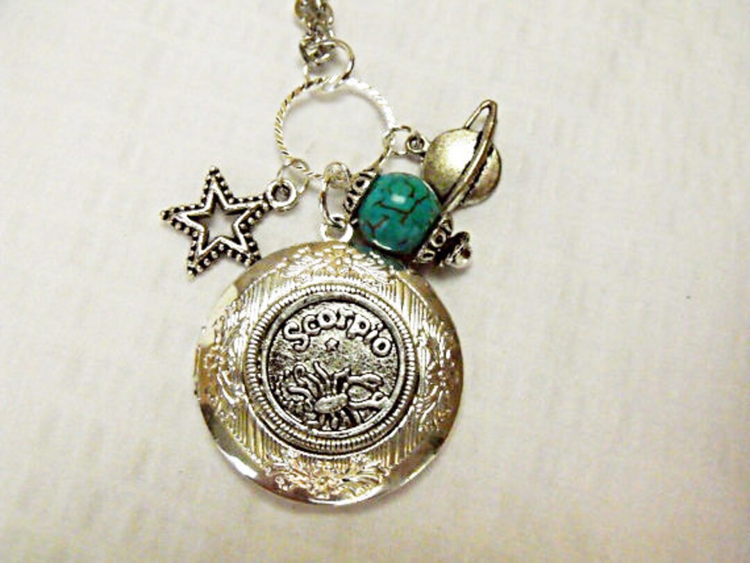 Silver Locket Necklace, Zodiac Symbol Scorpio With Turquoise Beads and ...