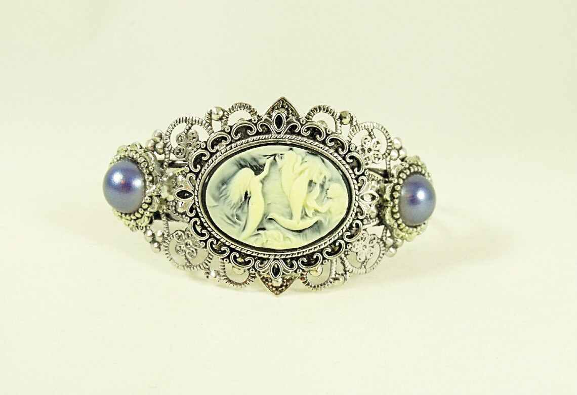 Silver Cameo Cuff Bracelet Mermaid Cameo With Pearls Cuff - Etsy