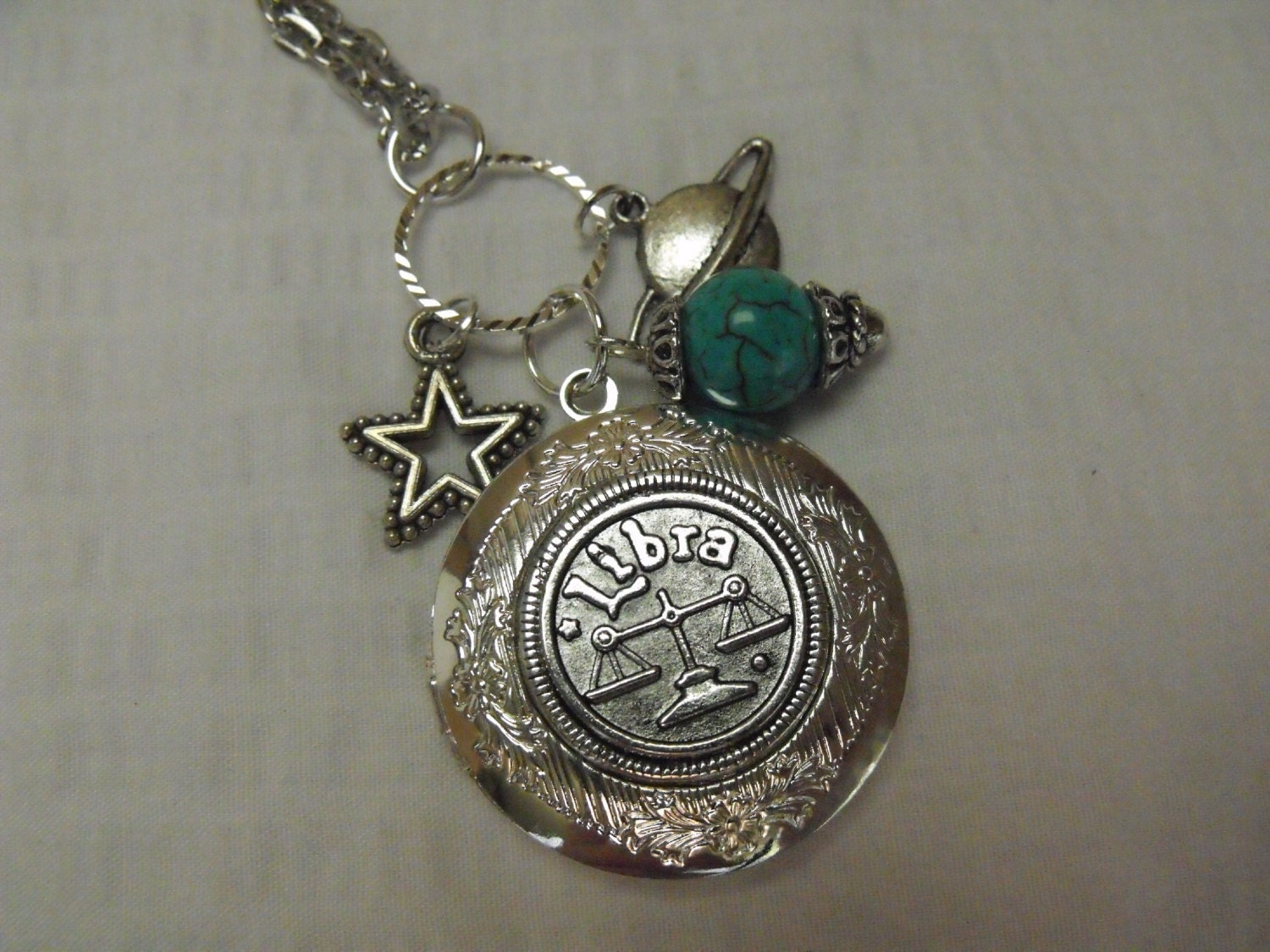 Silver Locket Necklace Zodiac Symbol Libra With Turquoise - Etsy