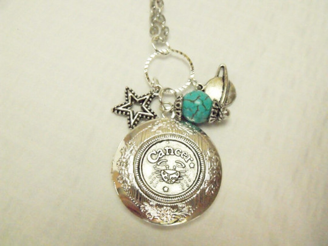 Silver Locket Necklace Zodiac Symbol Cancer With Turquoise - Etsy