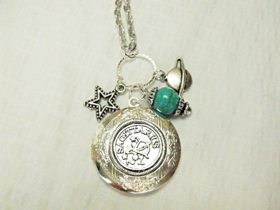Silver Locket Necklace, Zodiac Symbol Sagittarius With Turquois Bead ...