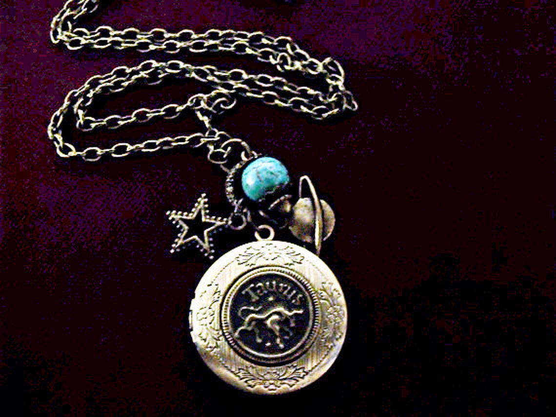 Bronze Locket Necklace Zodiac Symbol Taurus With Turquoise - Etsy