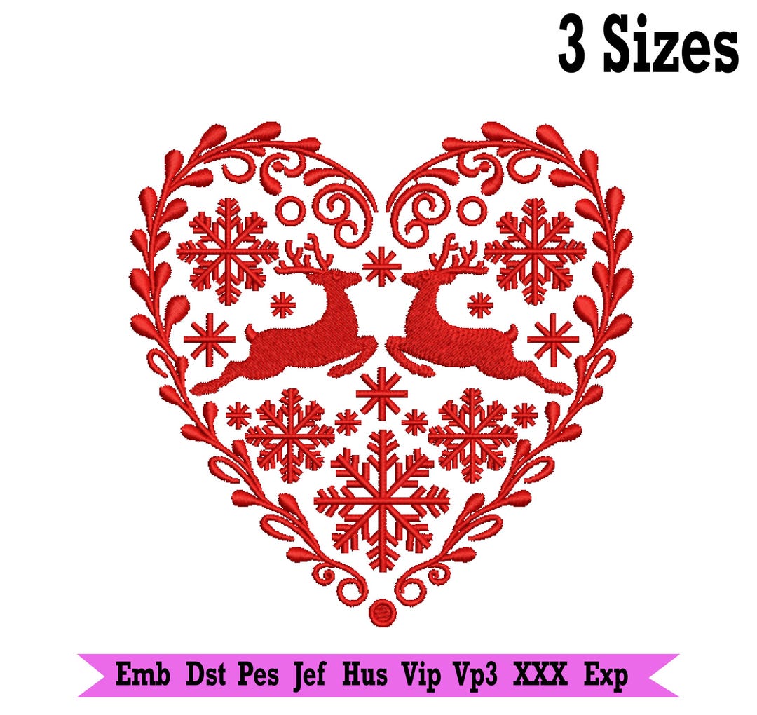Christmas Heart Embroidery Design | Reindeer & Snowflake Pattern | 3 ...