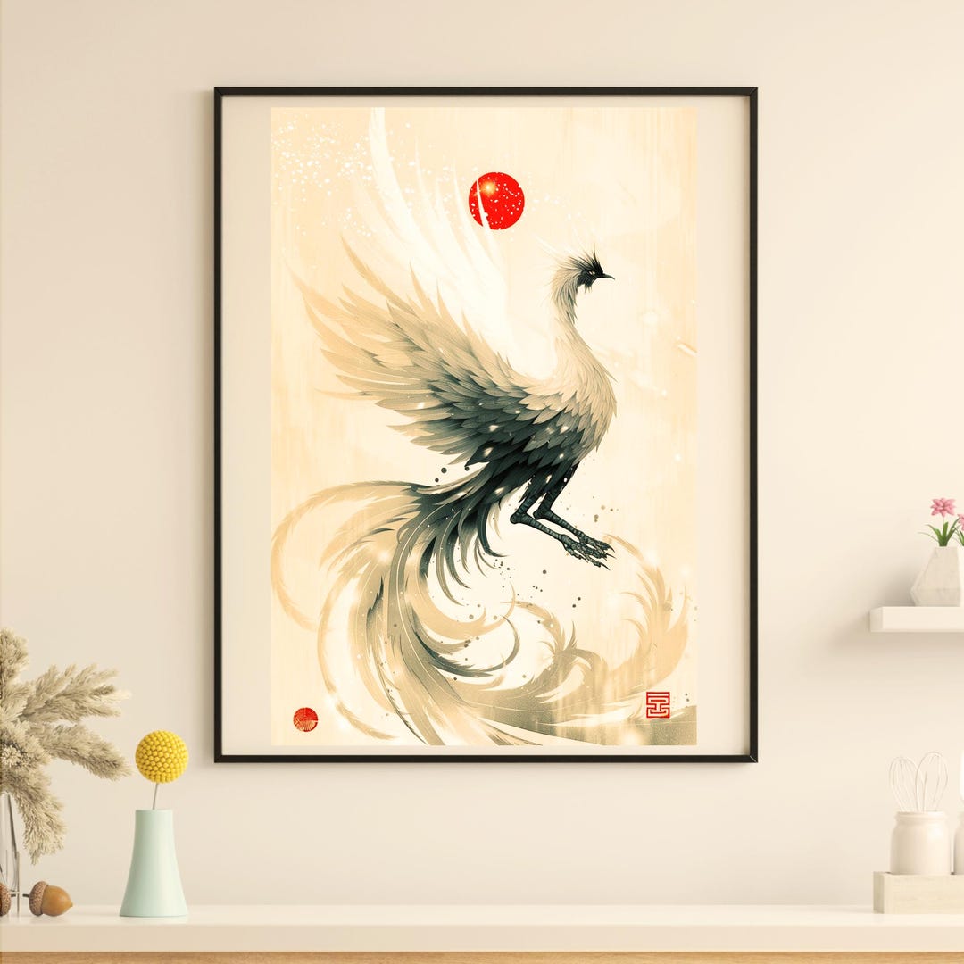 Rising Sun Phoenix – Japanese Phoenix Wall Art Print, Mythical Bird Ink ...