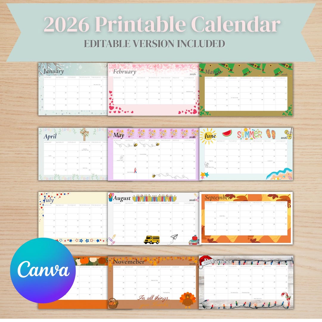 2026 Printable Calendar, Editable Template, School & Office (digital ...