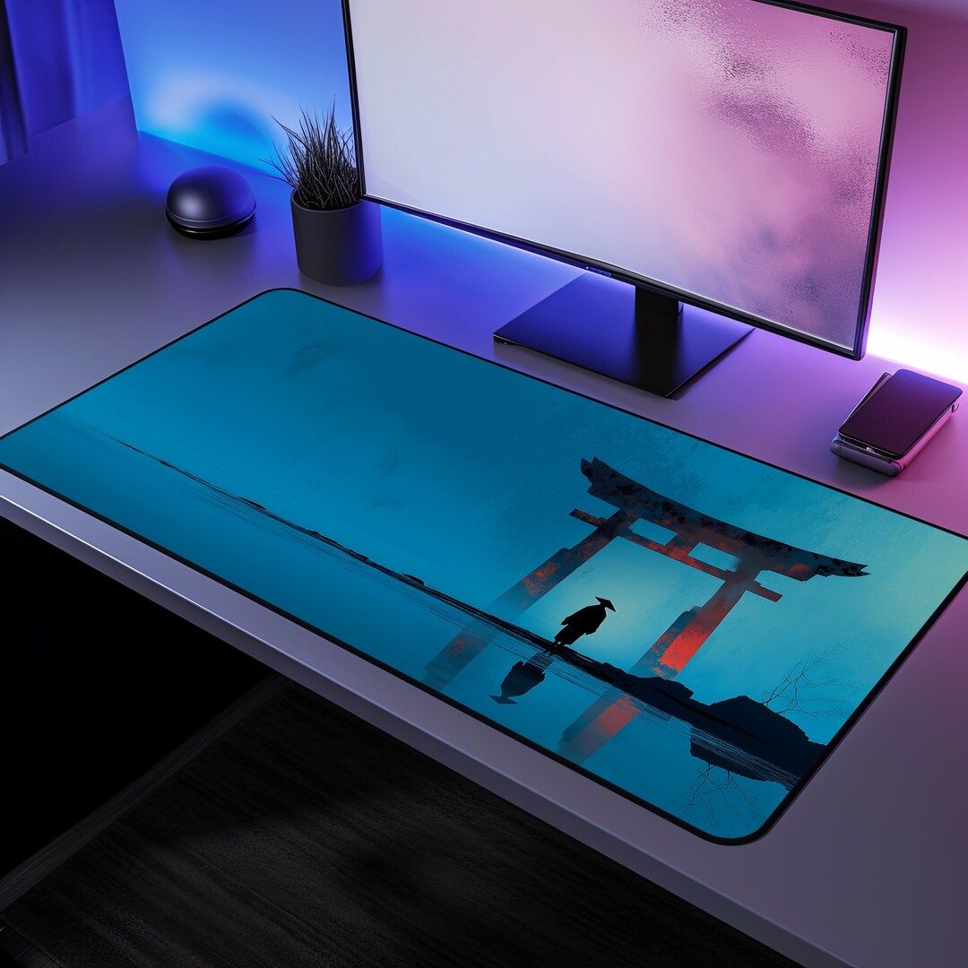 Japanese Torii Gate Desk Mat, Teal Blue Zen Art, Bushido Gaming Pad - Etsy
