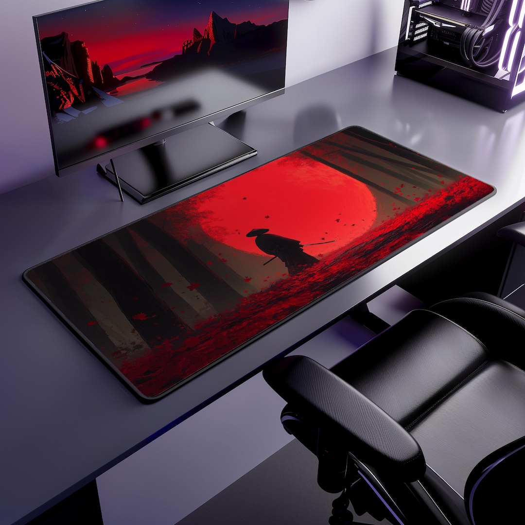 Samurai Red Moon Desk Mat, Japanese Samurai Mouse Pad XL, Extended ...