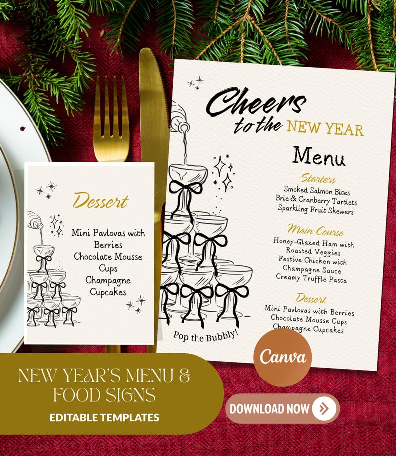 New Year's Eve Dinner Menu Template, Elegant and Cozy Decorations for ...