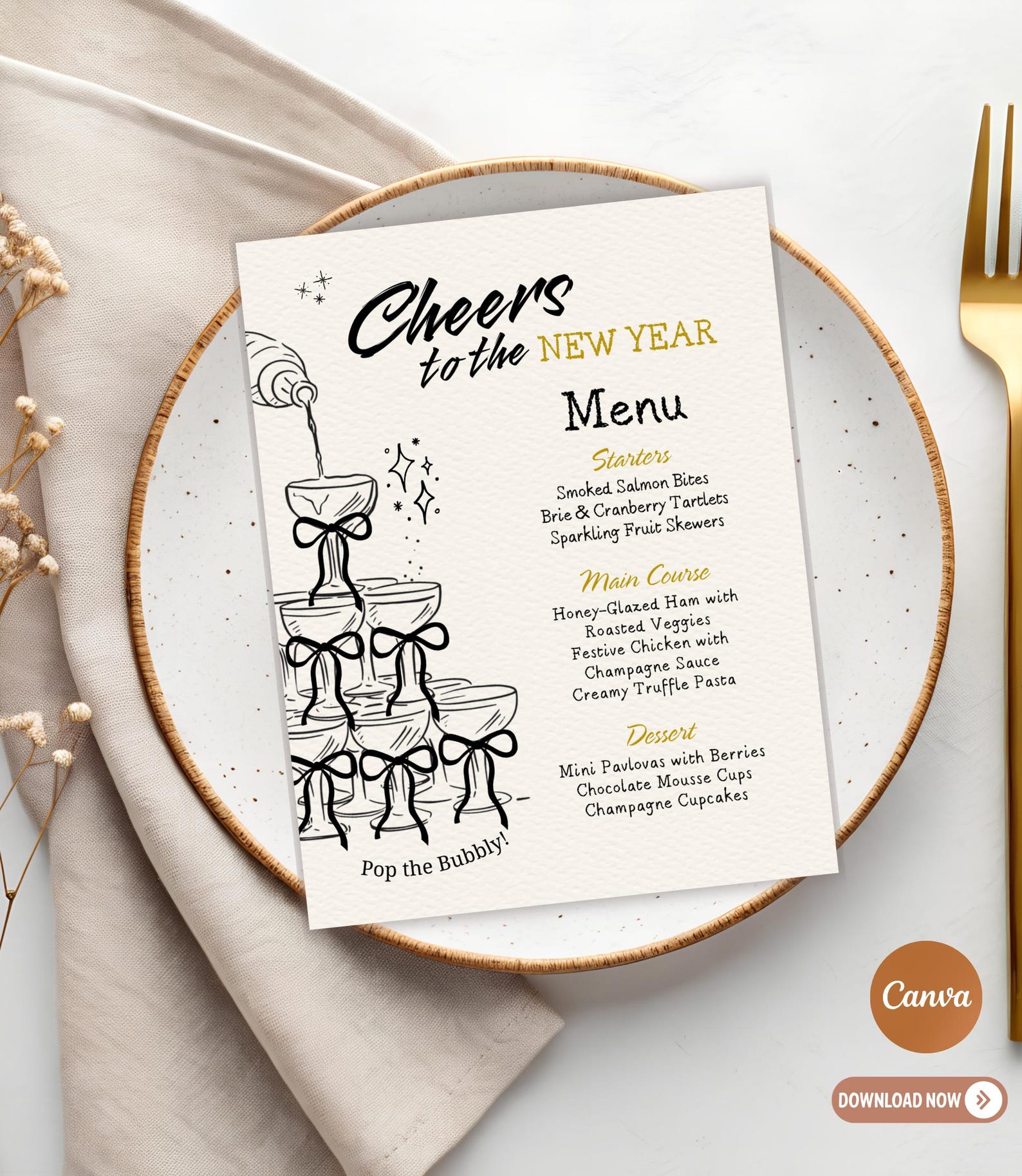 New Year's Eve Dinner Menu Template, Elegant and Cozy Decorations for ...