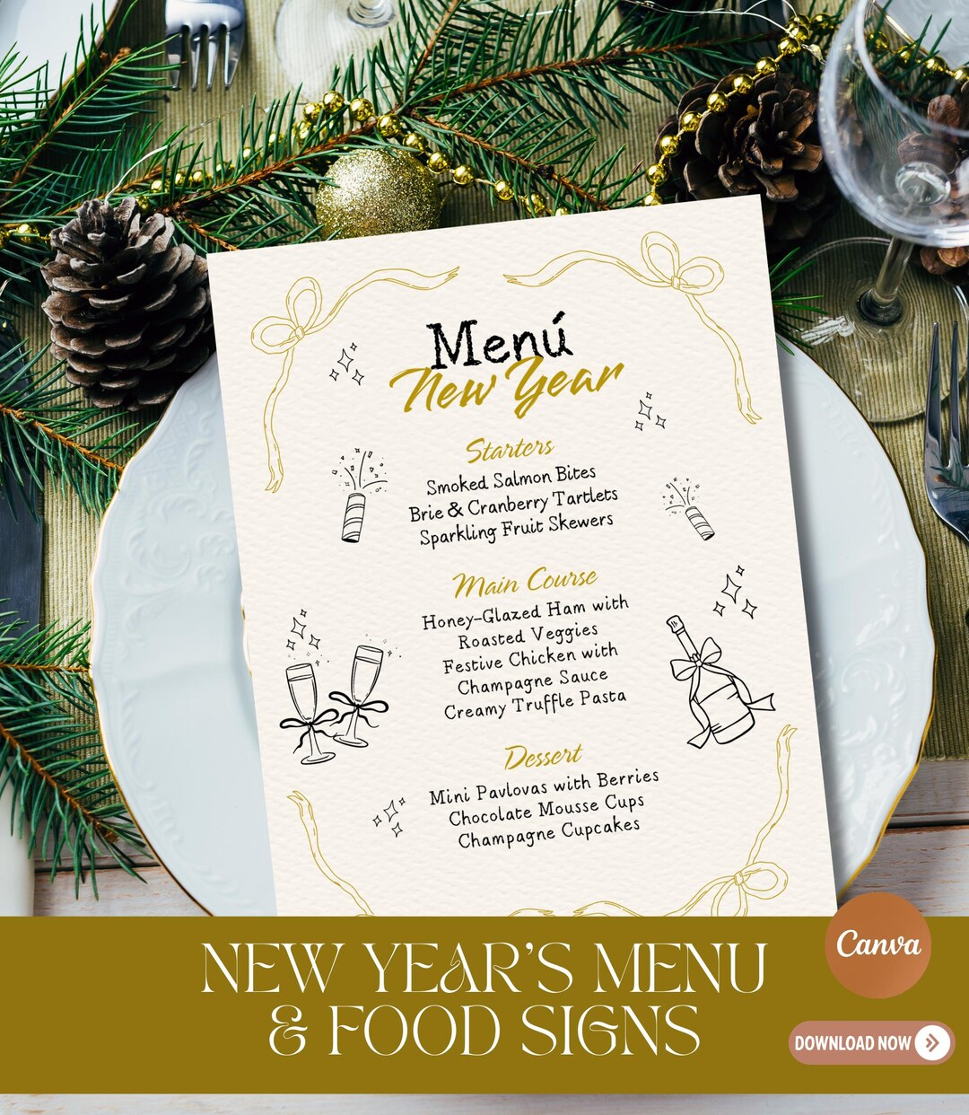 New Year Dinner Menu Template, Elegant Cozi Decoration for Family ...
