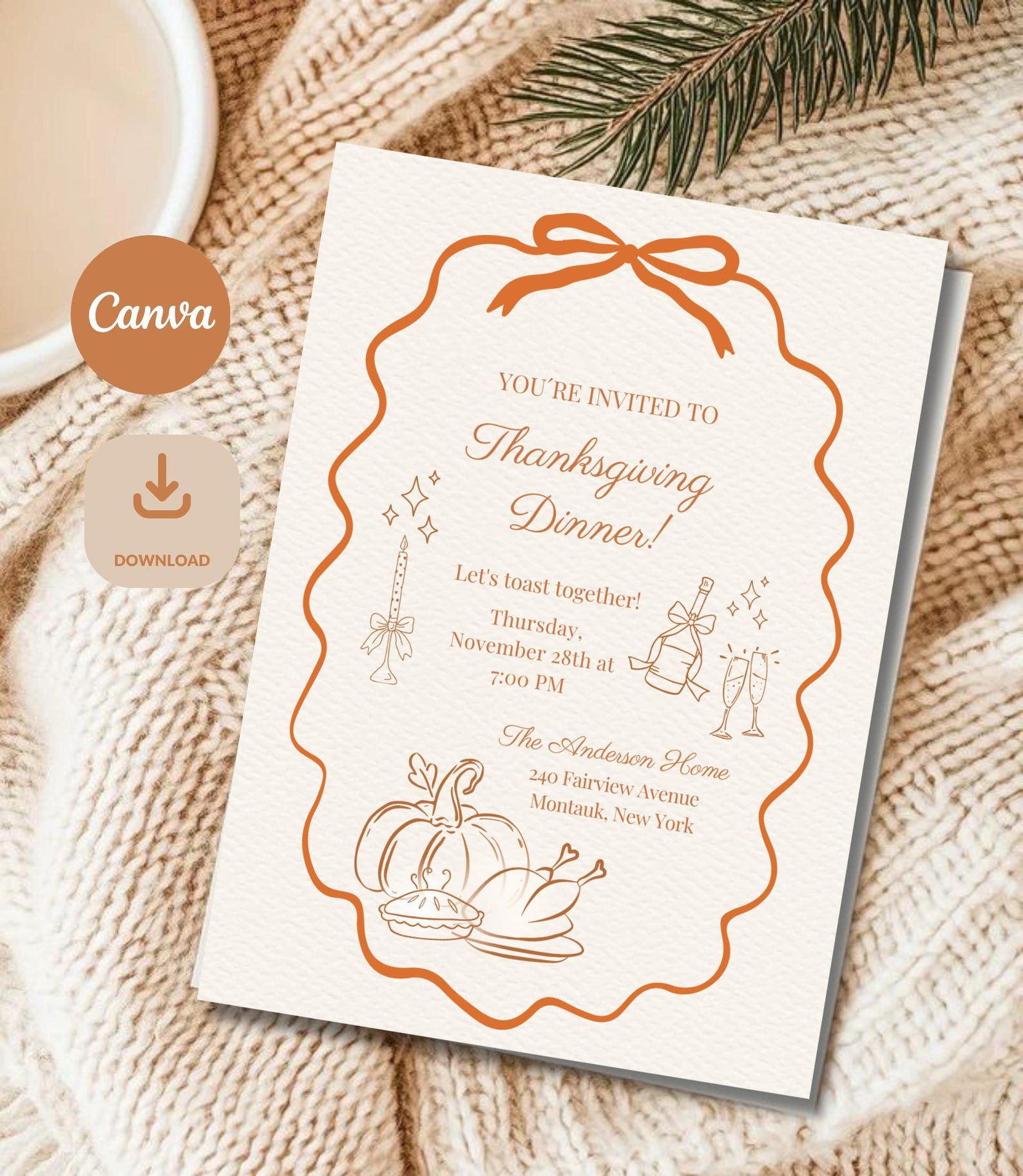 Friendsgiving Dinner Invitation | Hand-drawn Thanksgiving Invite | Cozy ...