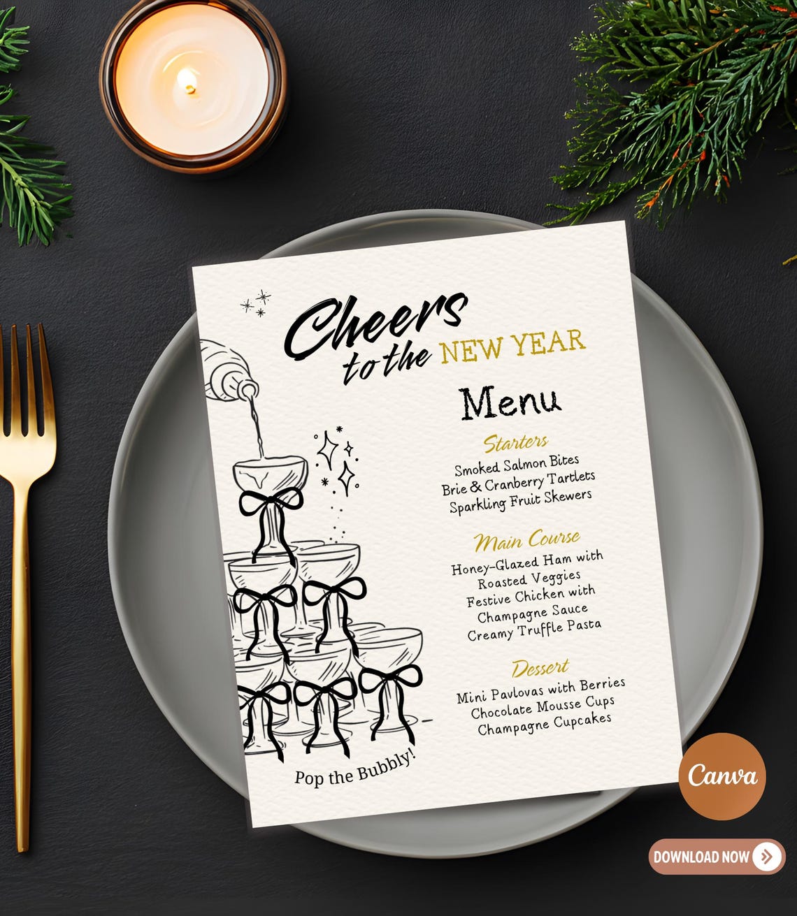 New Year's Eve Dinner Menu Template, Elegant and Cozy Decorations for ...