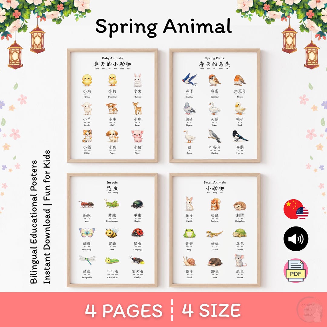 Bilingual Spring Animals Poster for Kids, Mandarin Pinyin Learning ...