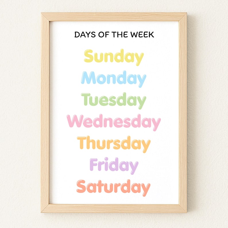 Days of the Week Printable for Kids, Preschool Learning Poster, English ...