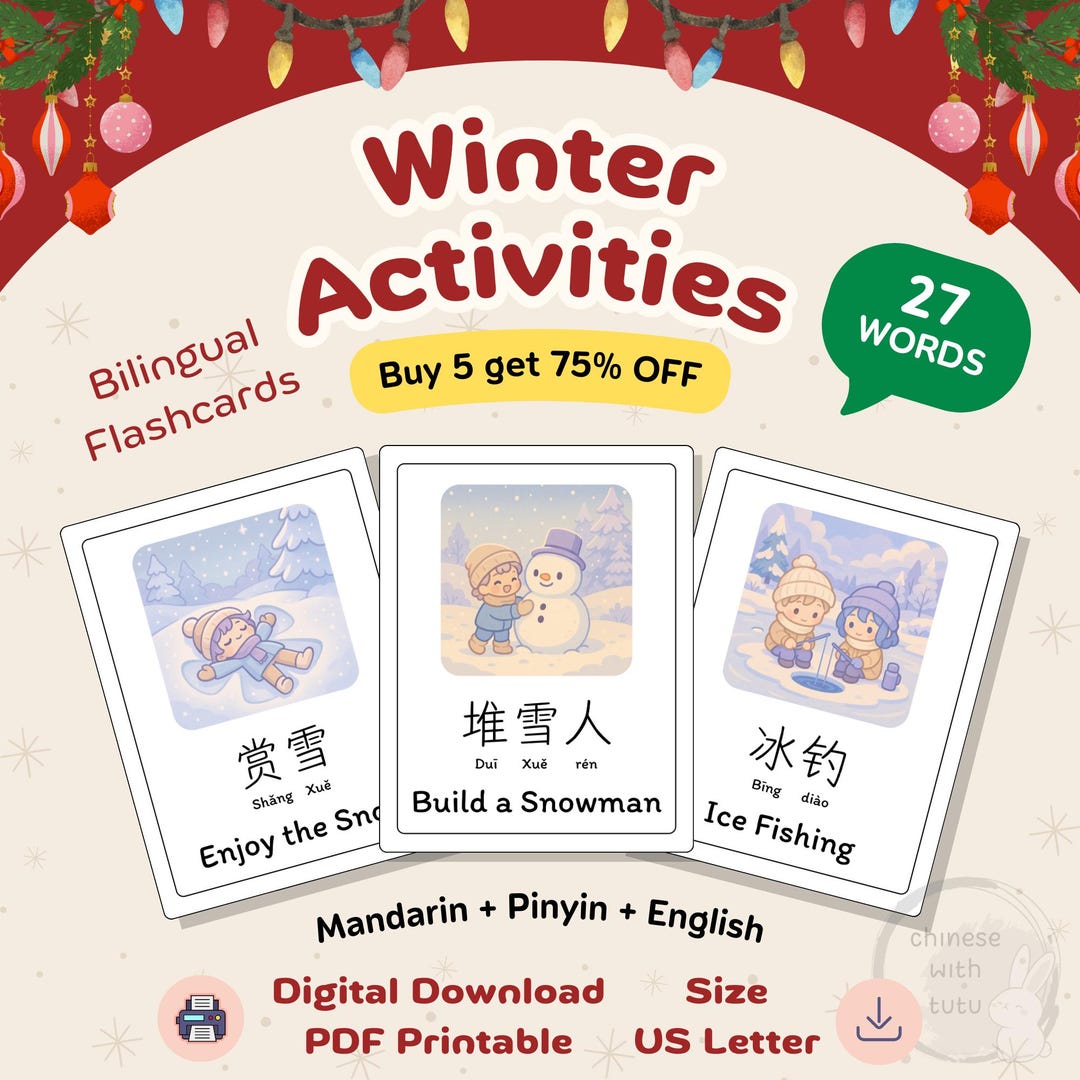 Winter Activities Bilingual Flashcards Mandarin English, Kids Learning ...