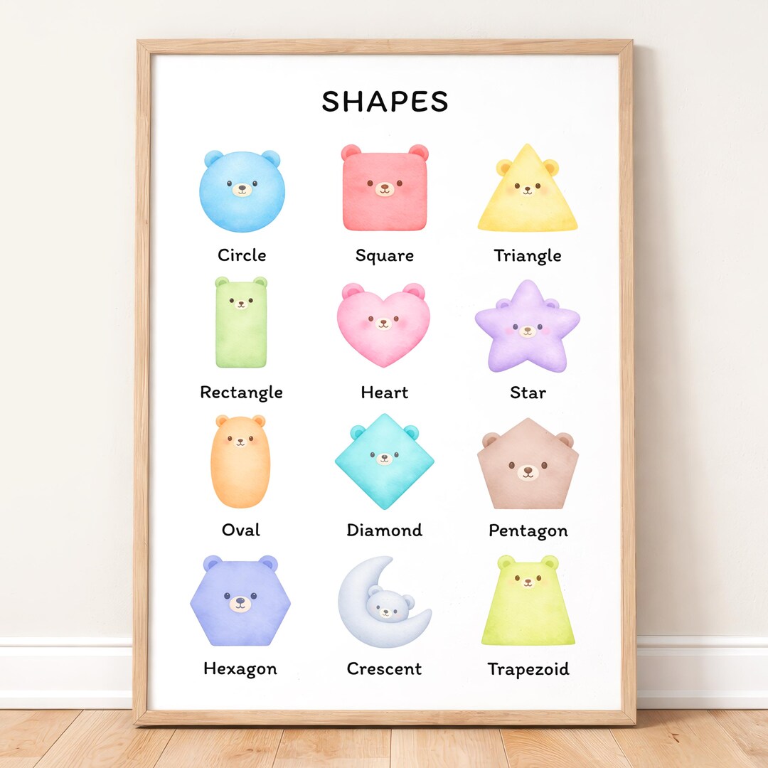 Shapes Printable for Kids, Preschool Learning Poster, Cute Animal ...