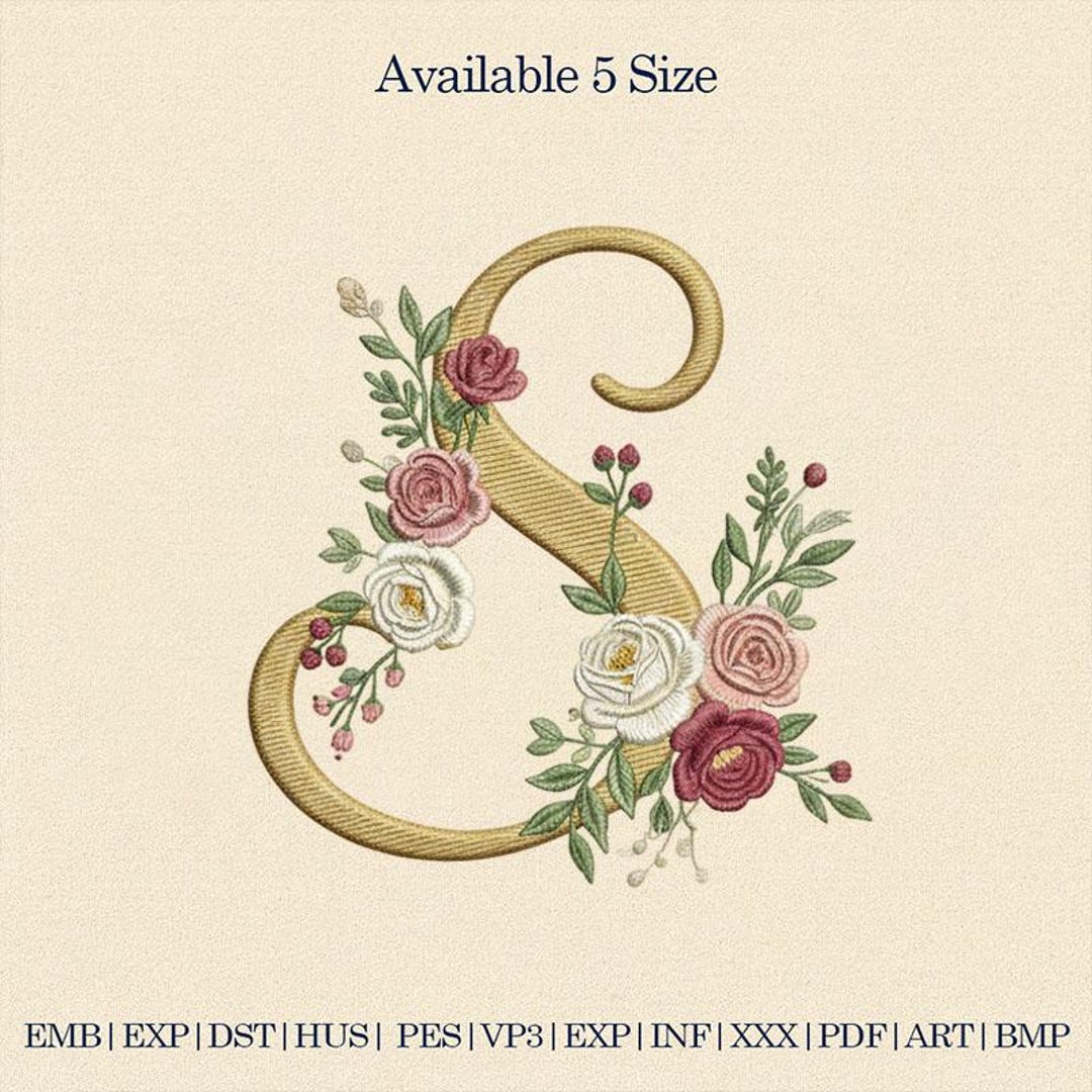 Floral Letter S Embroidery Design, Monogram S Flower Alphabet, Elegant ...