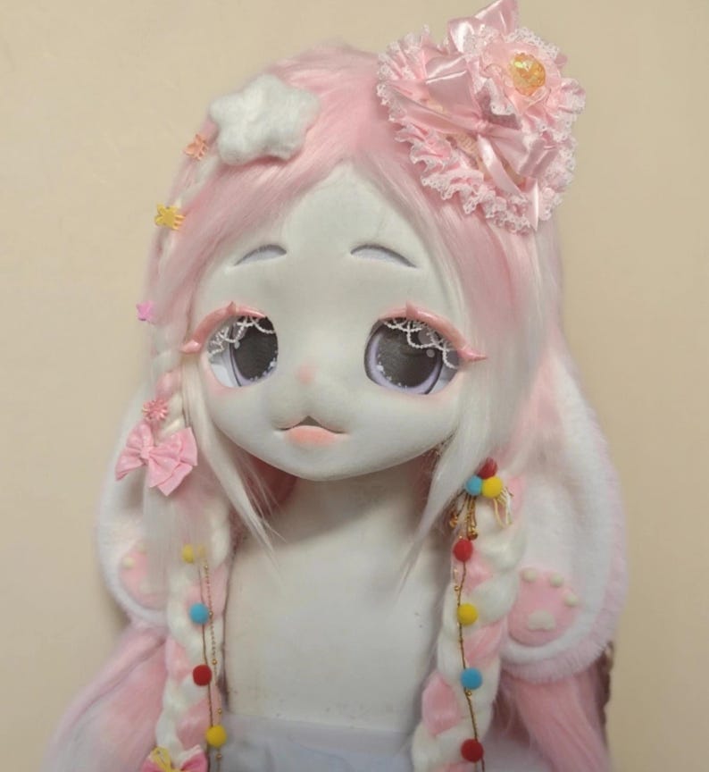 Moe Long Ear Bunny Kigurumi Fursuit Head, Handmade Pink Kig Fursona ...