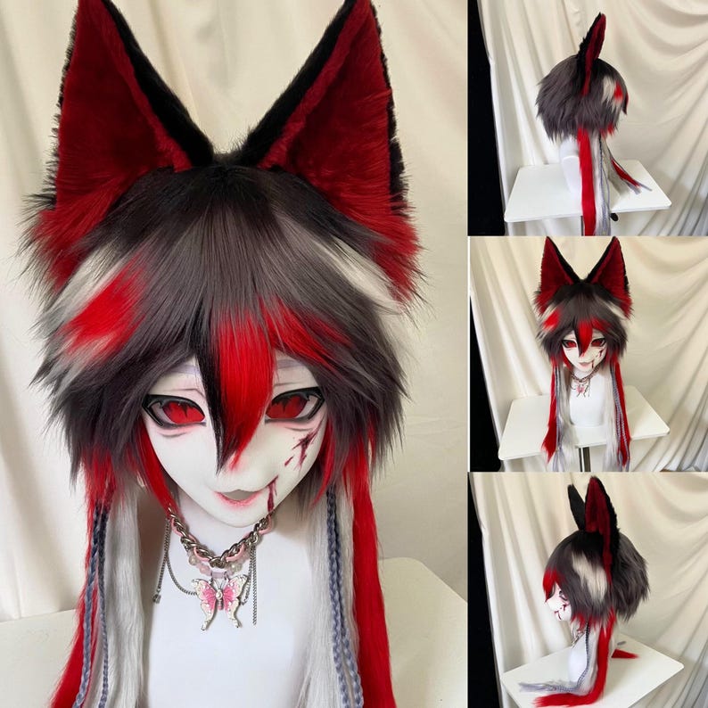 Visual Kei Red Fur Fox Kigurumi Fursuit Head, Goths Kig Fursona Head ...
