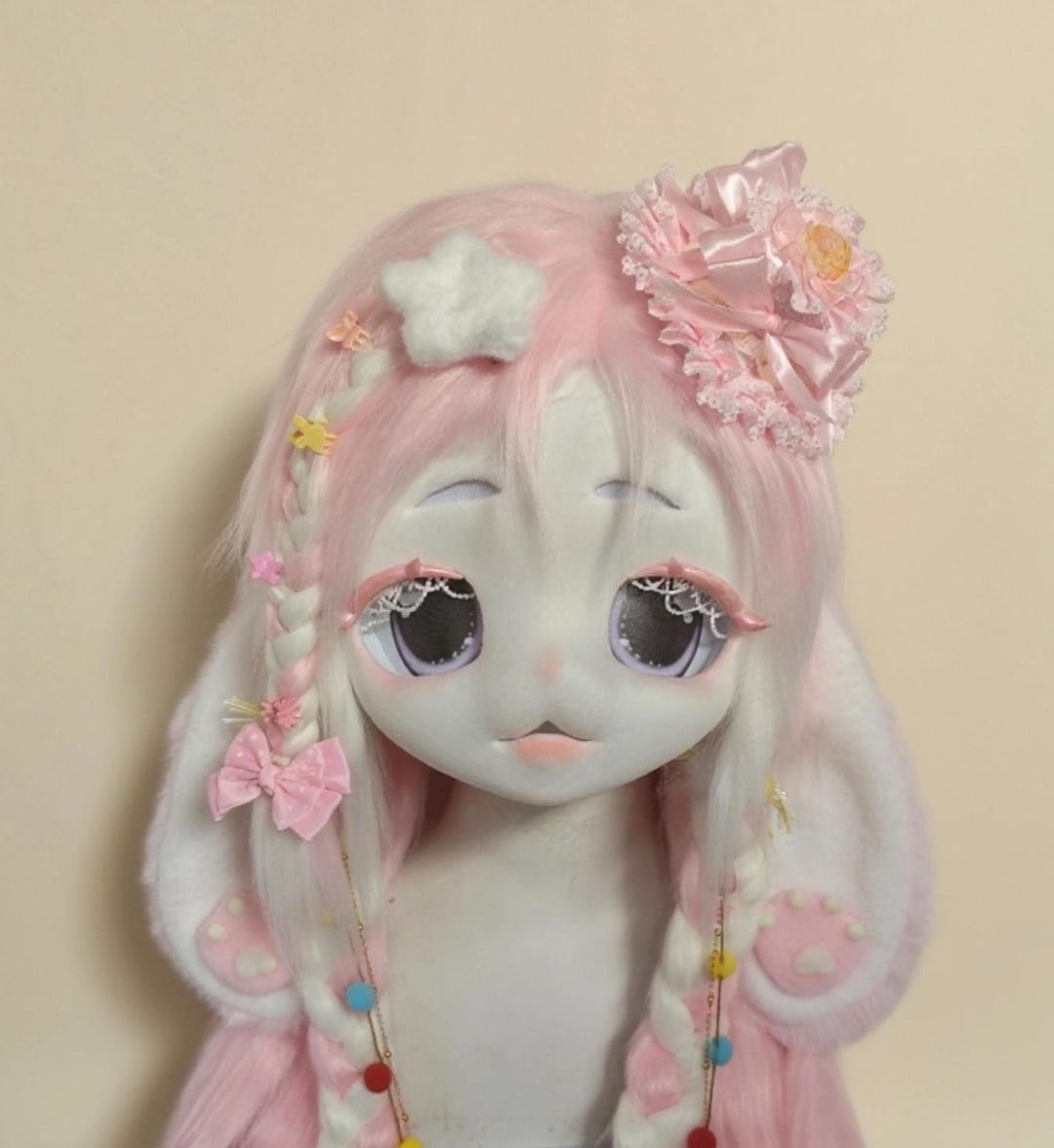 Moe Long Ear Bunny Kigurumi Fursuit Head, Handmade Pink Kig Fursona ...