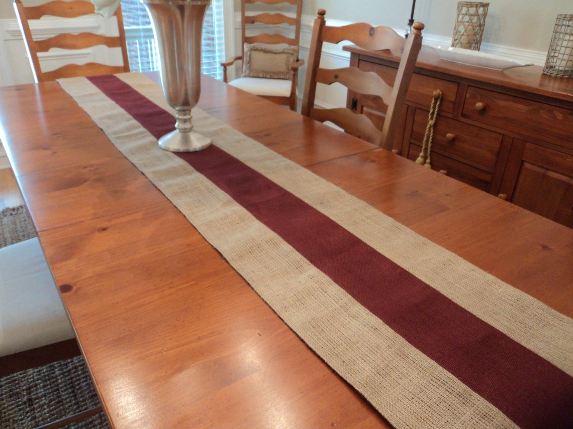 Burgundy and Natural Burlap Table Runner Holiday Table Runner - Etsy