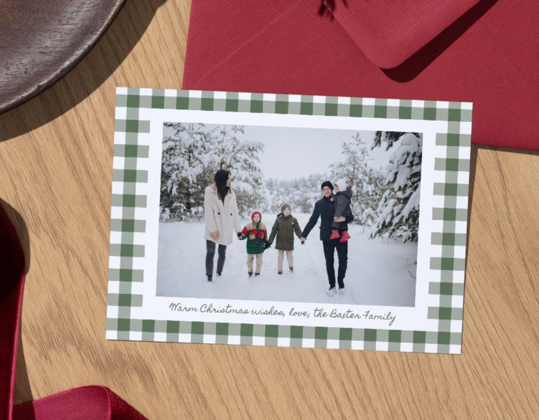 Green Gingham Christmas Card Template | Editable Holiday Card ...