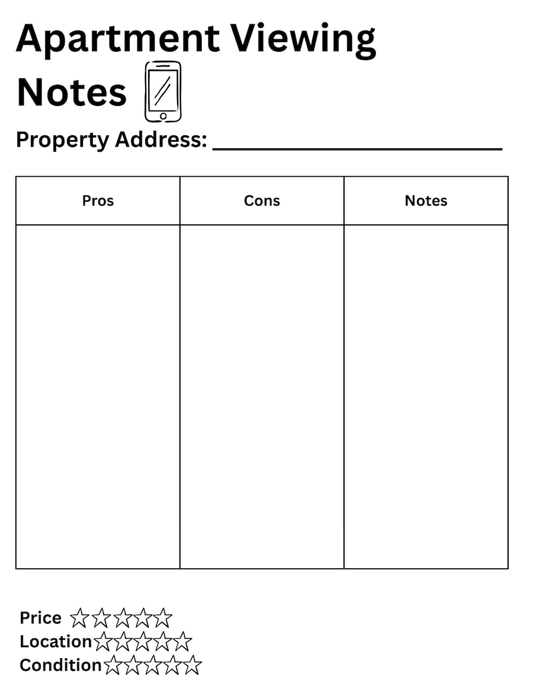 Apartment Viewing Notes Printable | Rental Tour Checklist | Apartment ...