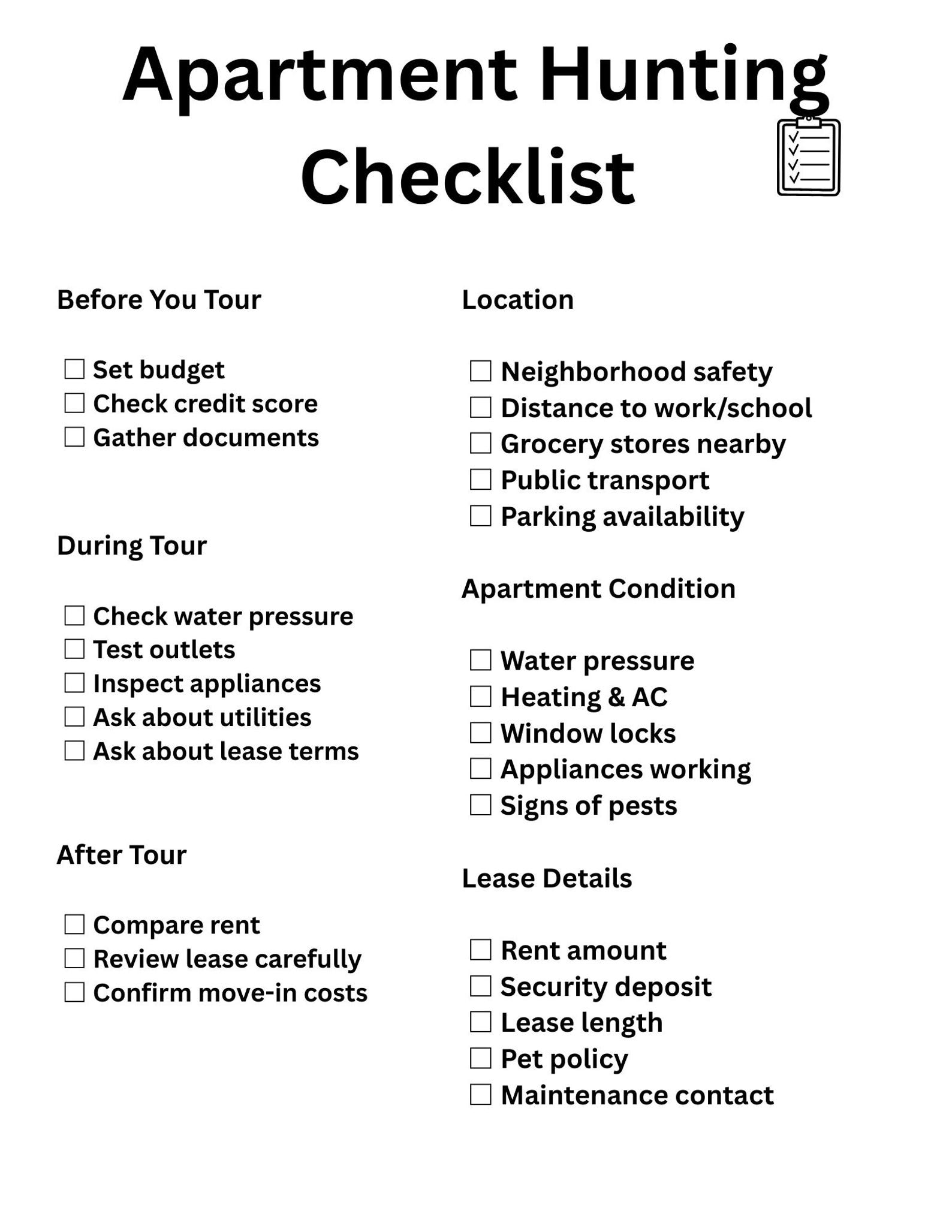 Apartment Hunting Checklist Printable | First Apartment Search Planner ...
