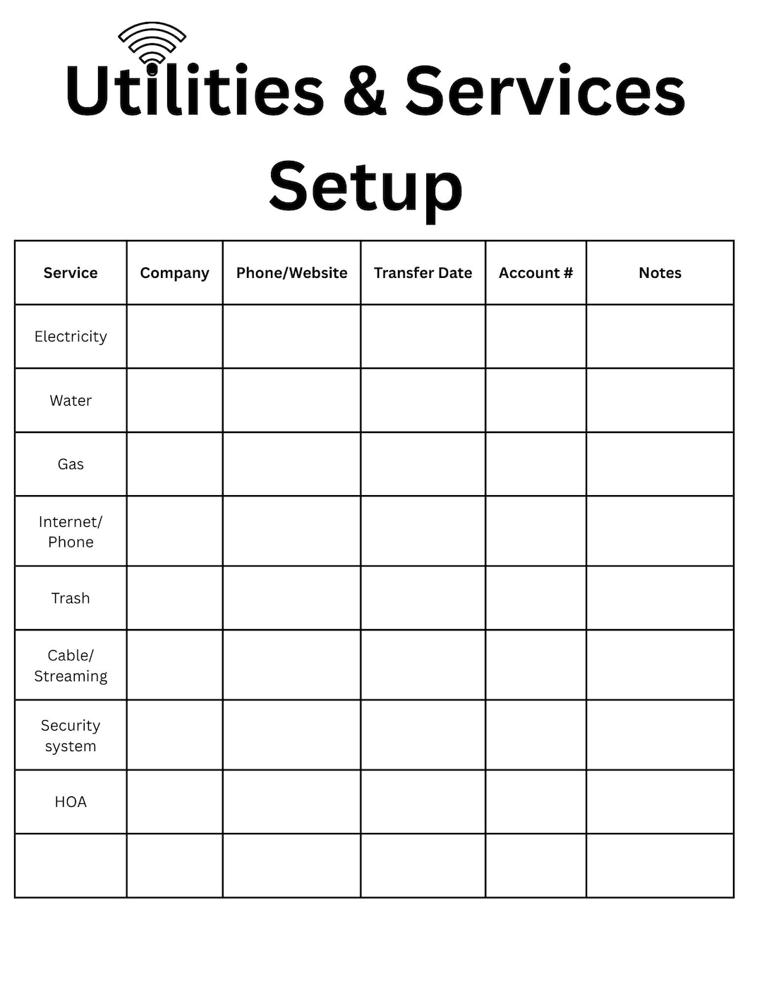 Utilities Setup Checklist Printable | New Home Utilities Tracker ...