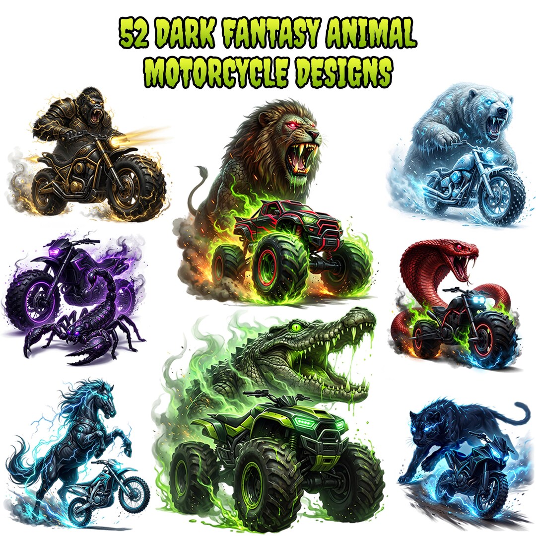 Dark Fantasy Animal Motorcycle Bundle PNG | Biker Animal Clipart Lion ...